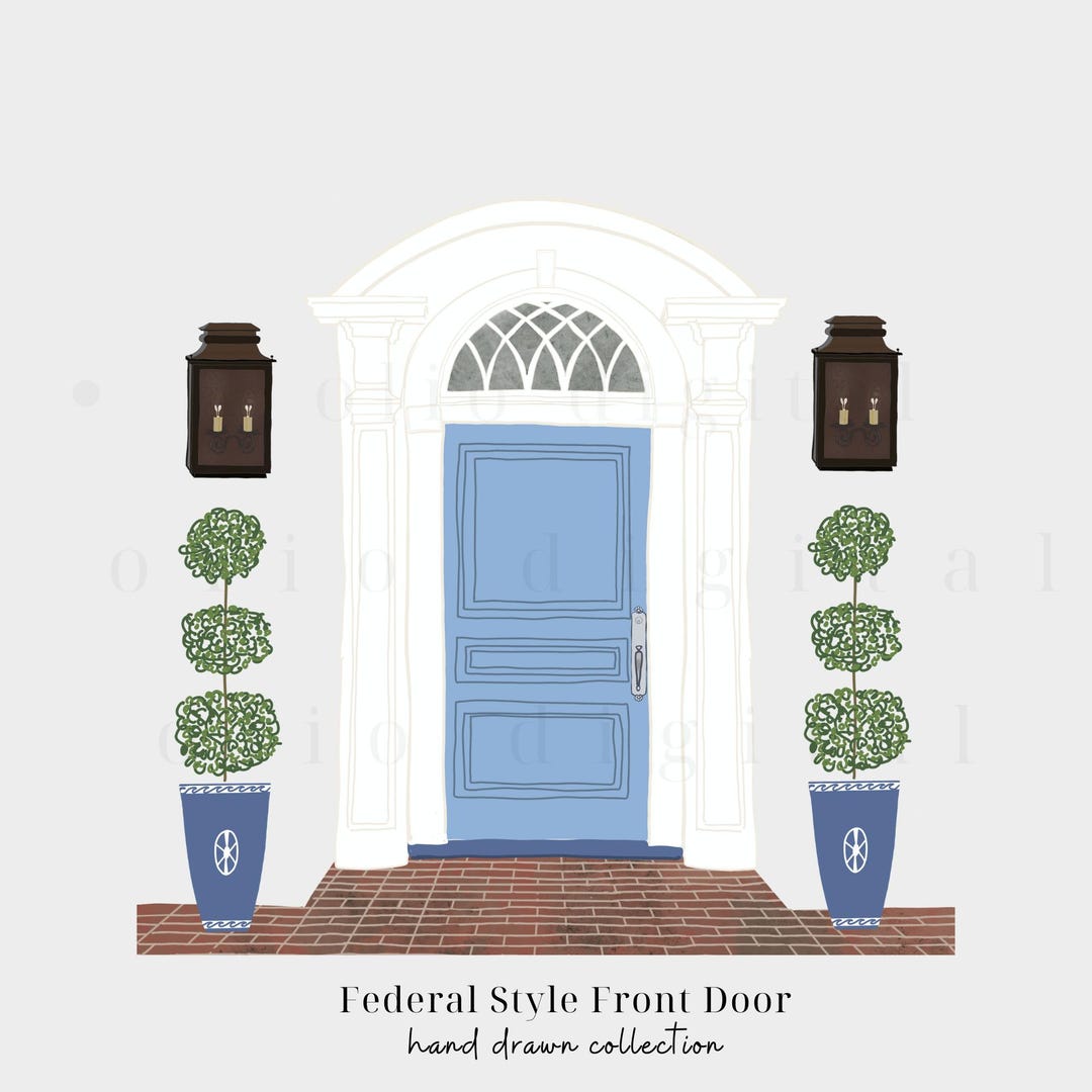 Blue Federal Style Front Door With Topiaries PNG Clipart (digital ...