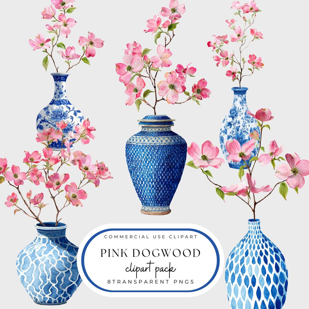 Pink Dogwood Toile Vases Clipart: Blue & White Chinoiserie (PNG Digital ...