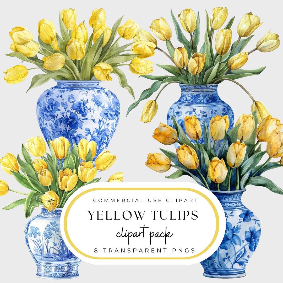 Yellow Tulip PNG, Flowers in Blue and White Toile Vase Clipart ...