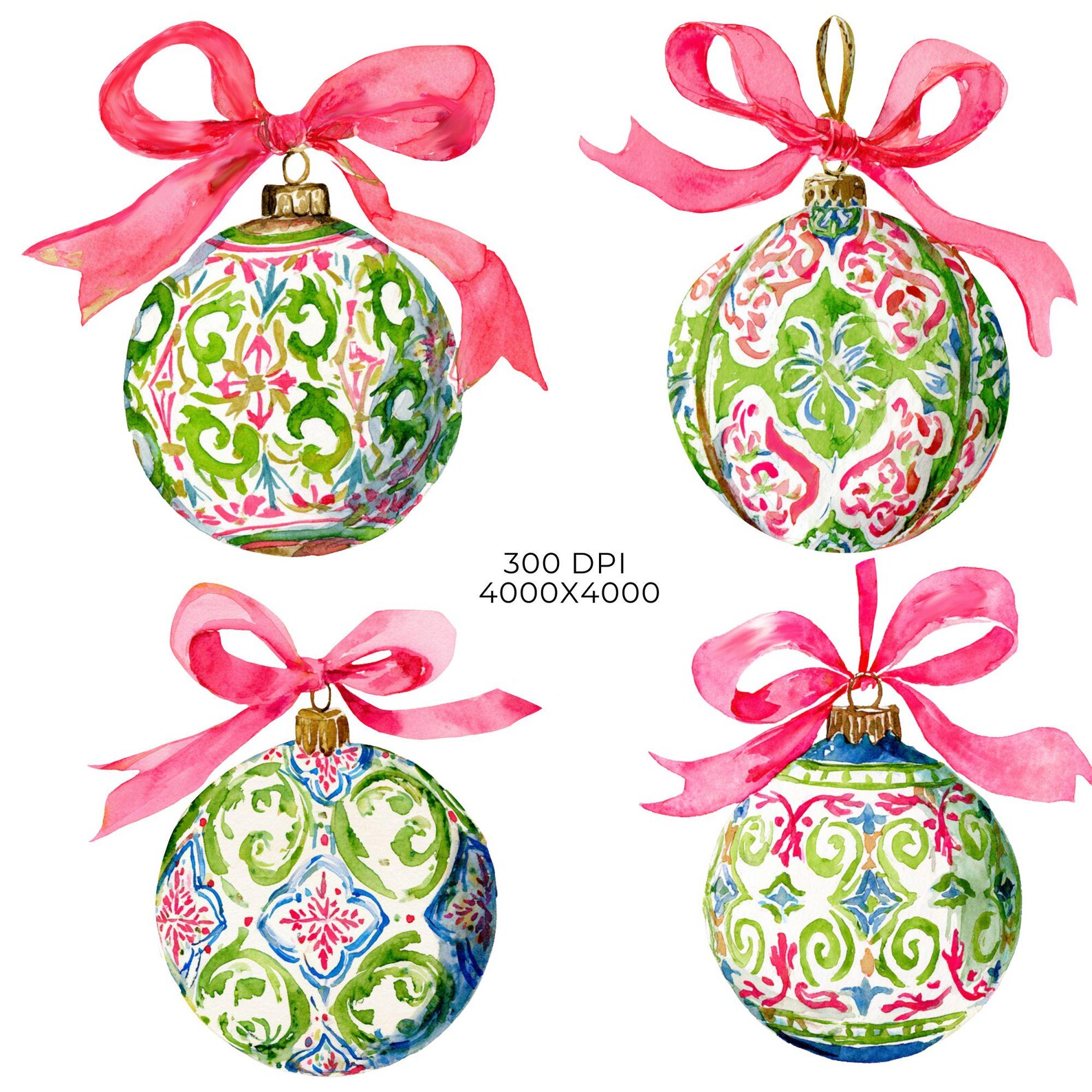 Watercolor Preppy Christmas Clipart: Pink, Green Ornaments With Pink ...