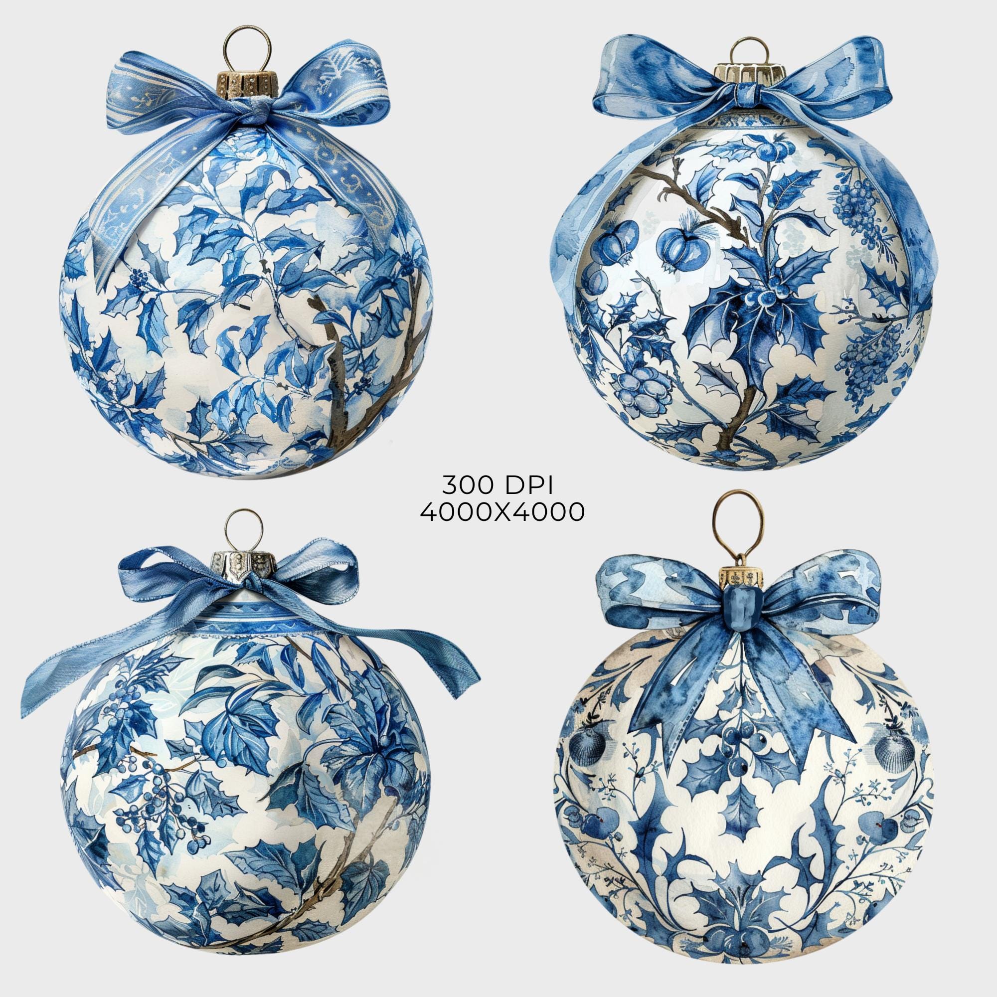 Blue Toile Christmas Ornaments Clipart: Watercolor PNG Pack - Etsy