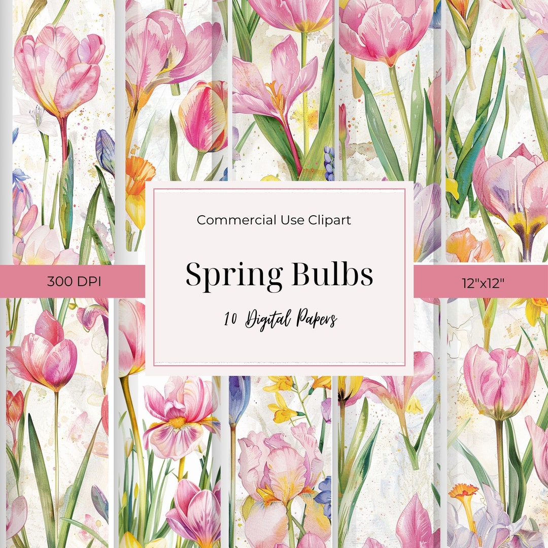 Watercolor Spring Bulbs Digital Paper: Floral Scrapbooking (JPG, 12x12 ...