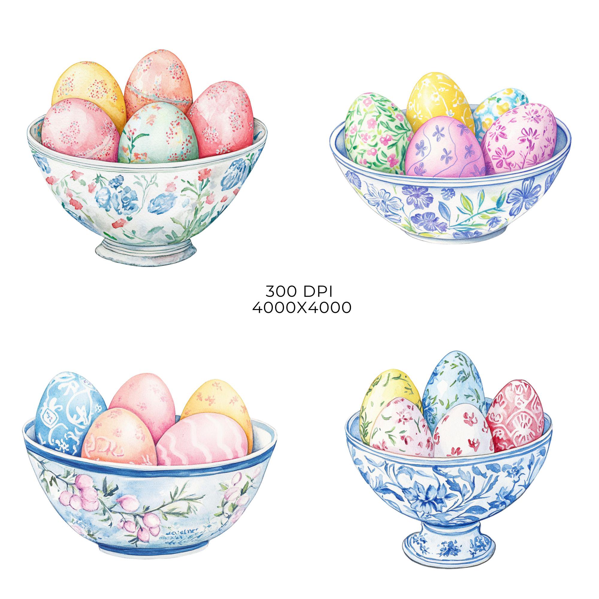 Easter Eggs Watercolor Clipart | Blue and White Toile Bowls PNG ...