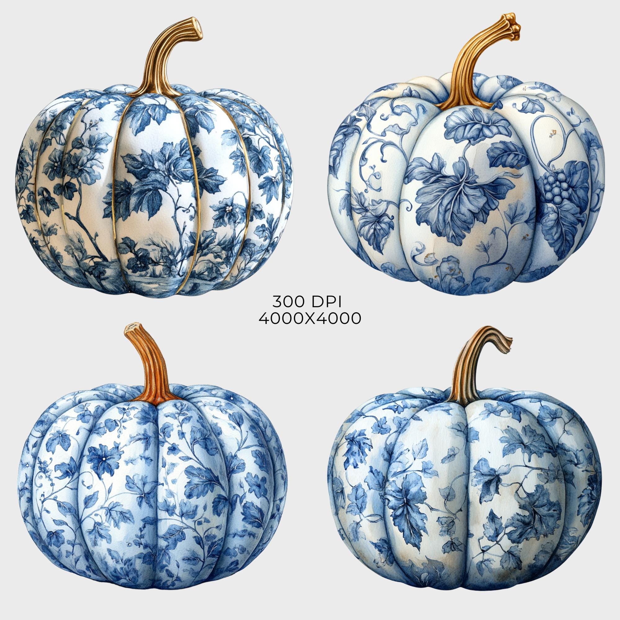 Toile Pumpkin Clipart: Blue Chinoiserie Watercolor Designs (PNG Digital ...