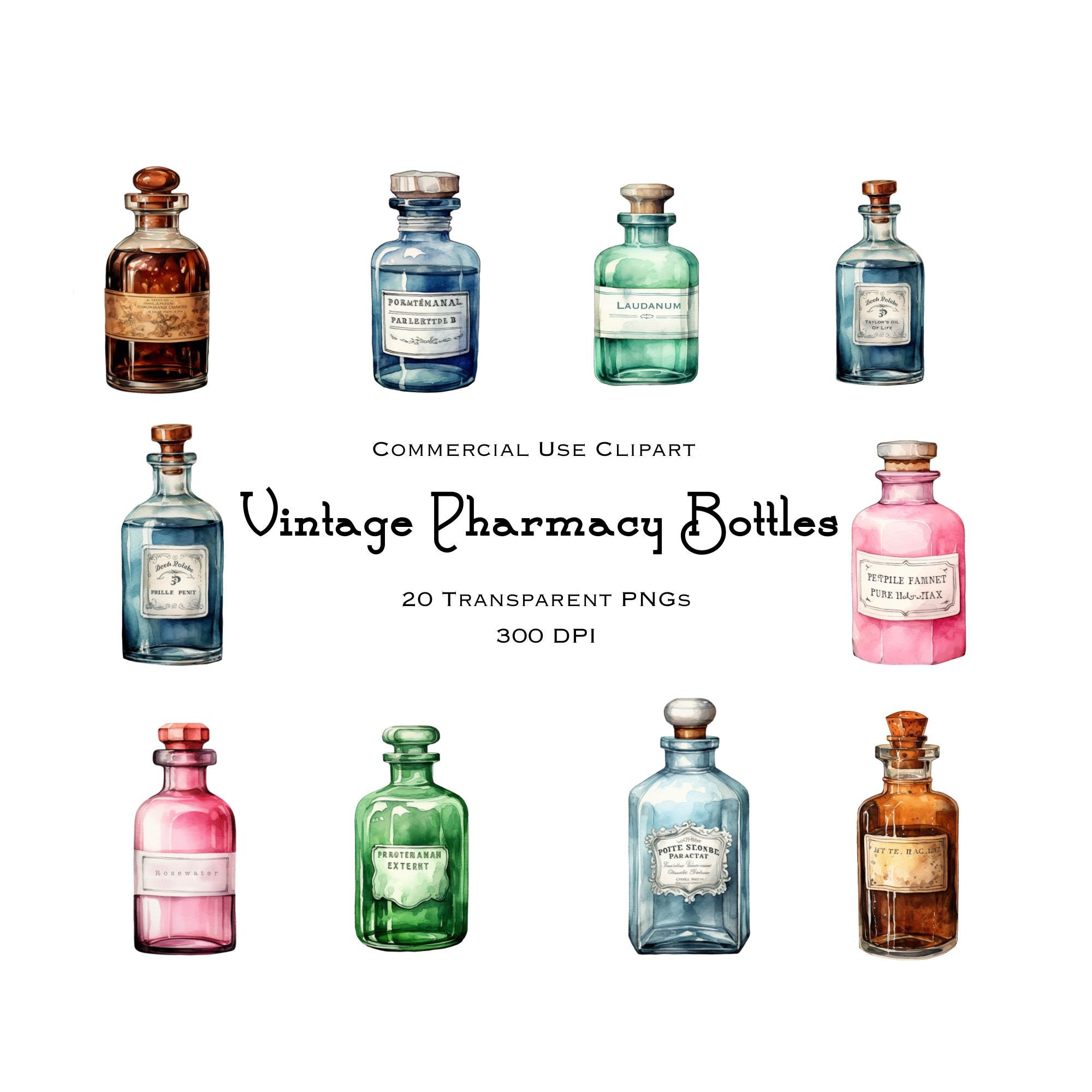 Vintage Pharmacy Bottles, Clipart, Apothecary Bottles, Old Medicine ...