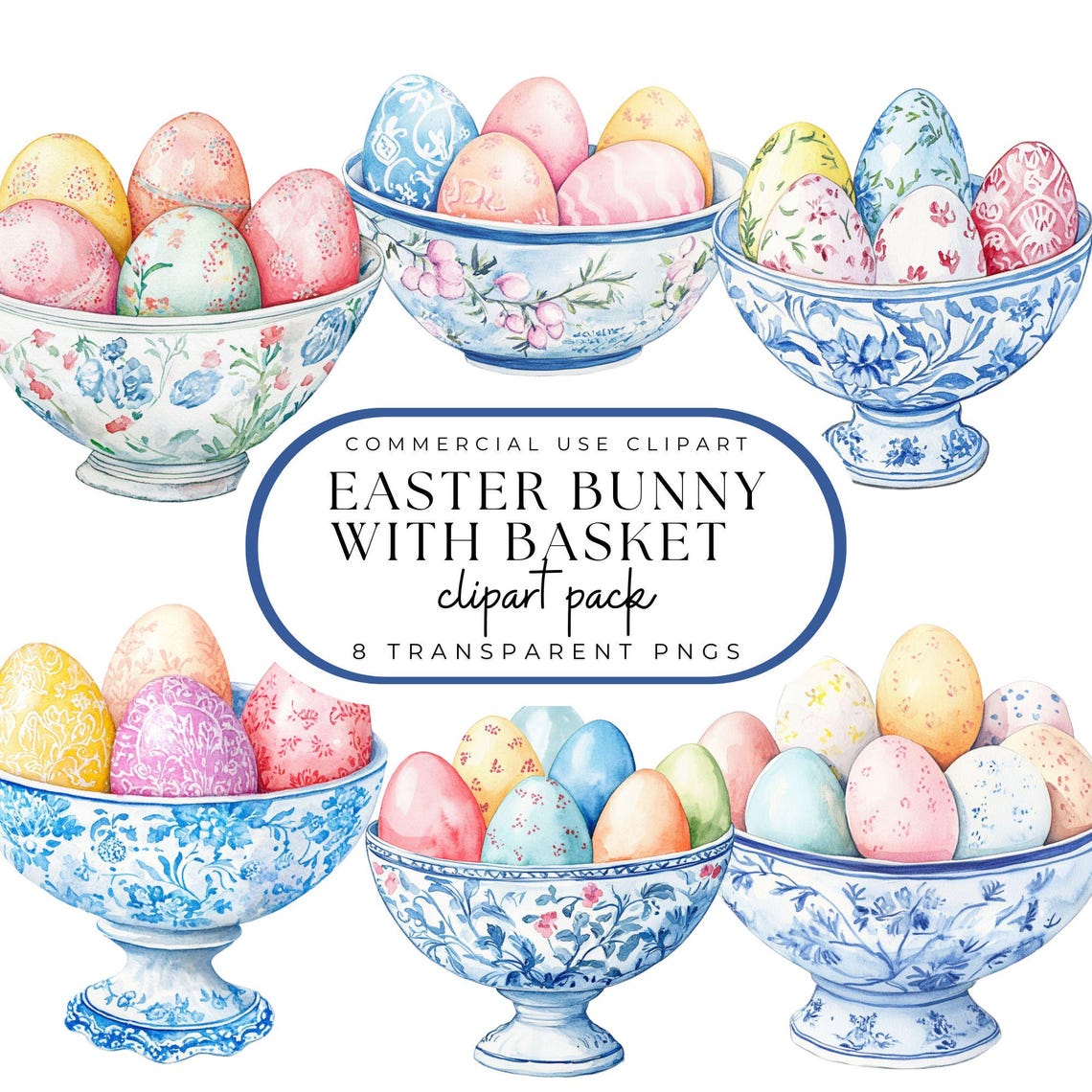 Easter Eggs Watercolor Clipart | Blue and White Toile Bowls PNG ...