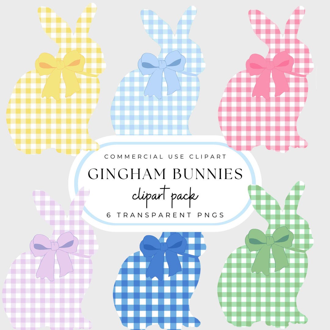 Gingham Easter Bunny Clipart: Pastel Rabbits With Bows (PNG Digital ...