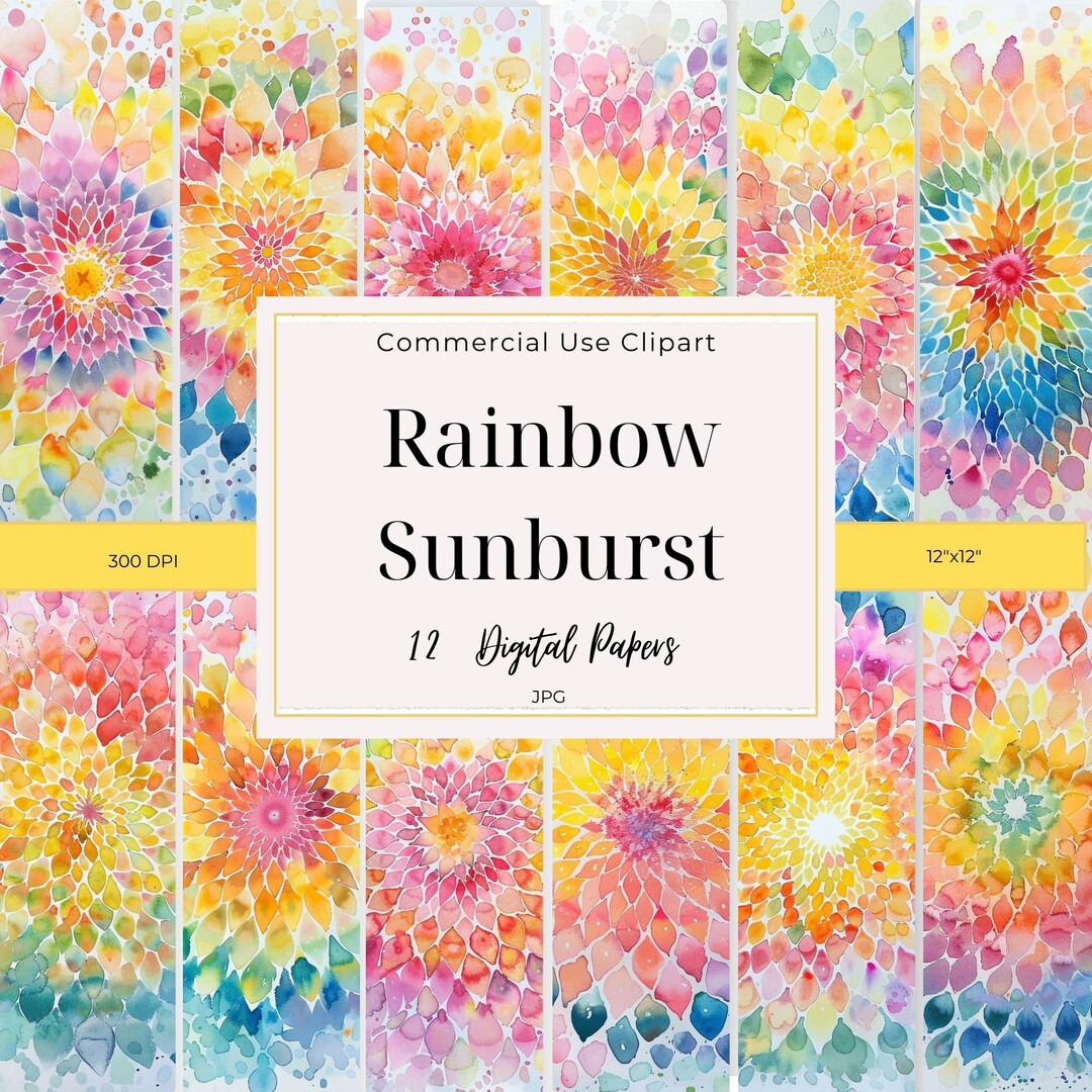 12 Digital Paper, Watercolor Sunburst, Rainbow Colors, JPG, 300 DPI, 12 ...