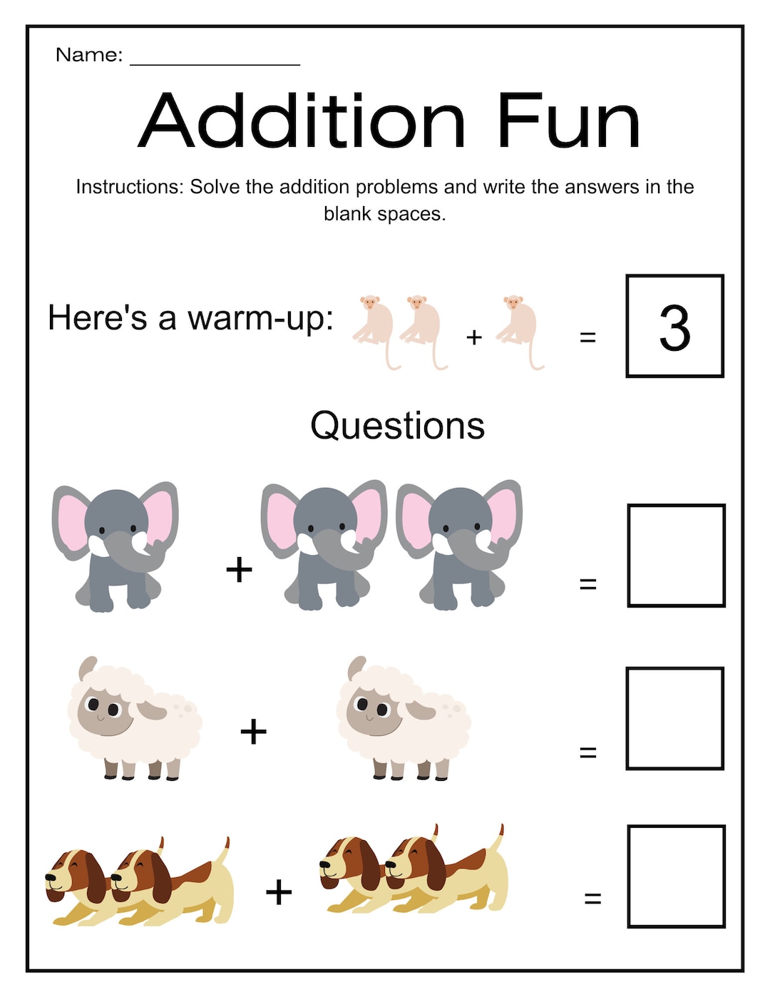 Addition Fun Worksheet - Etsy
