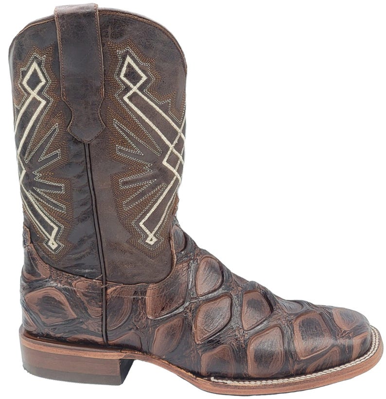 Men Pirarucu Leg Print Leather Western Wide Square Toe Brown Cowboy ...