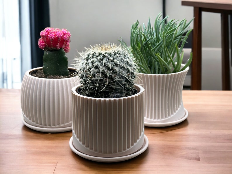 Set of 3 Planters - Drainage Holes and Trays - Modern Indoor Plant Pots ...