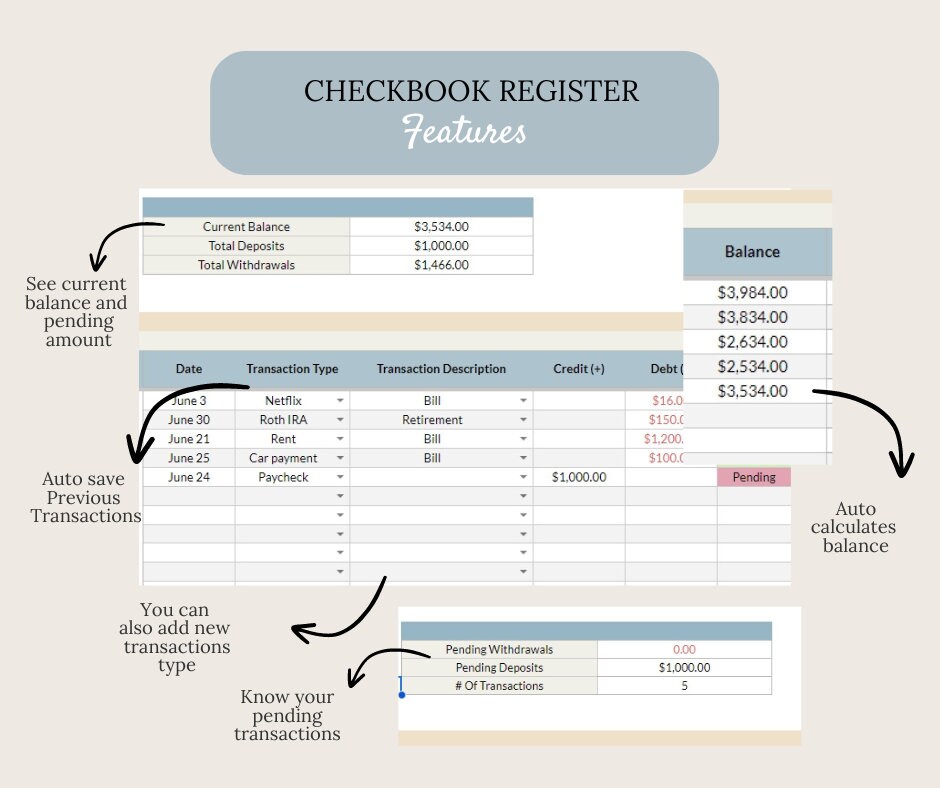 Checkbook Register, For, Expense Log Digital Checkbook Register ...