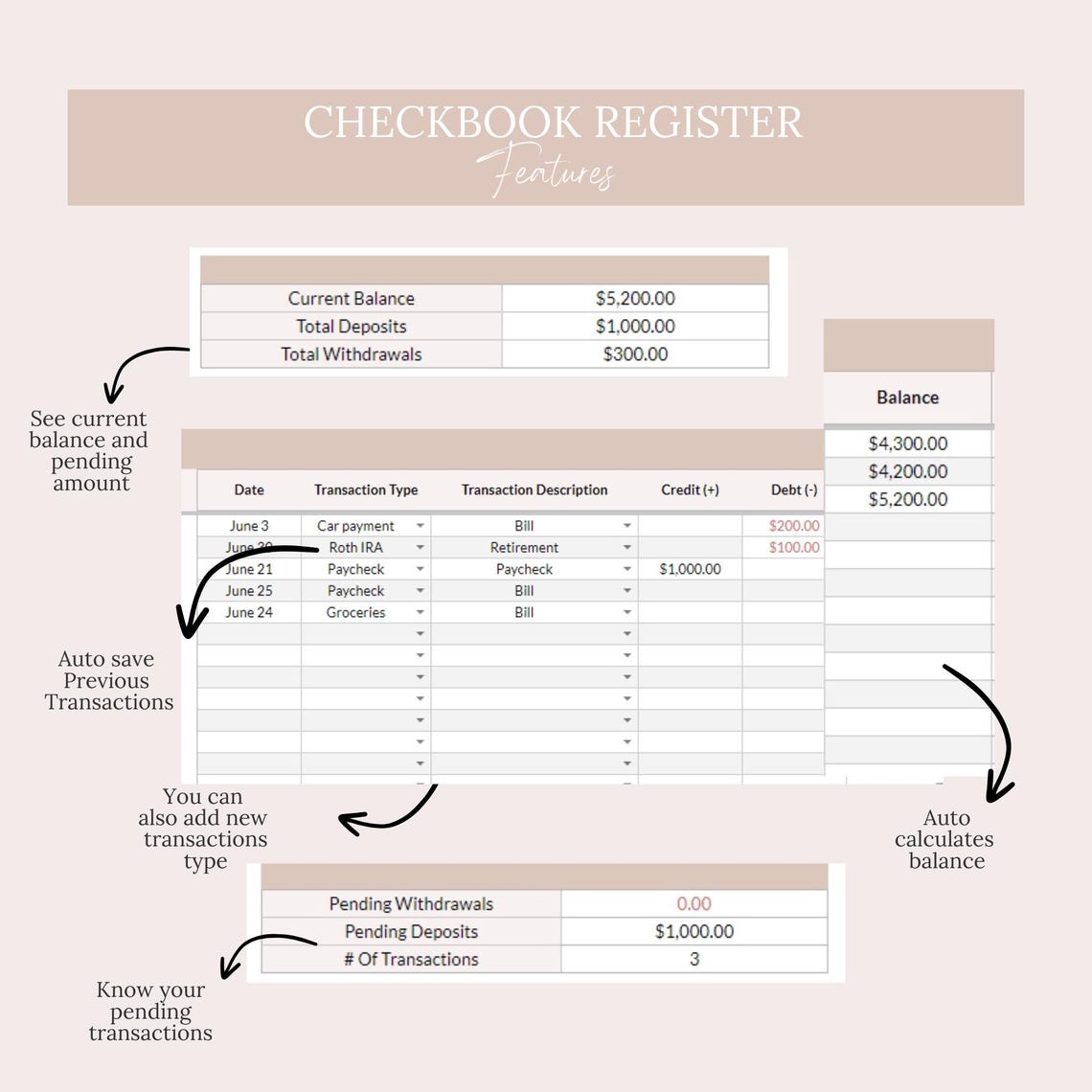 Checkbook Register, For, Expense Log Digital Checkbook Register ...