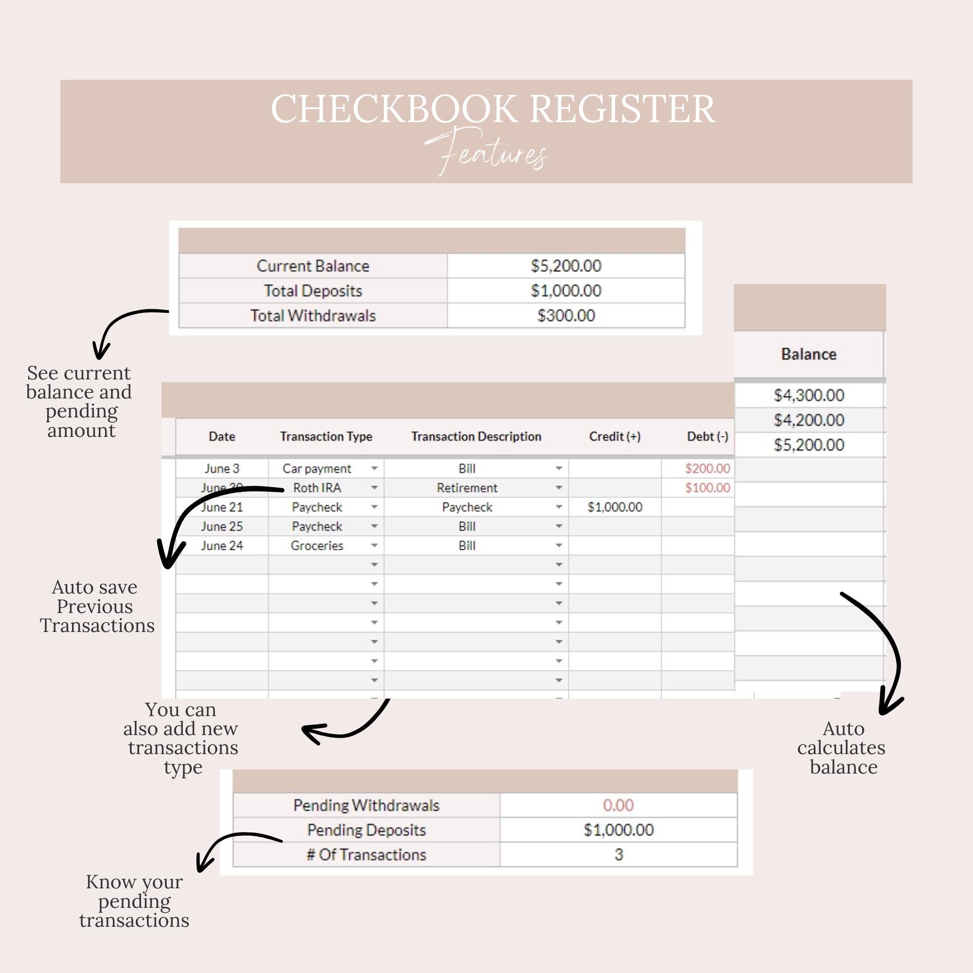 Checkbook Register, For, Expense Log Digital Checkbook Register ...