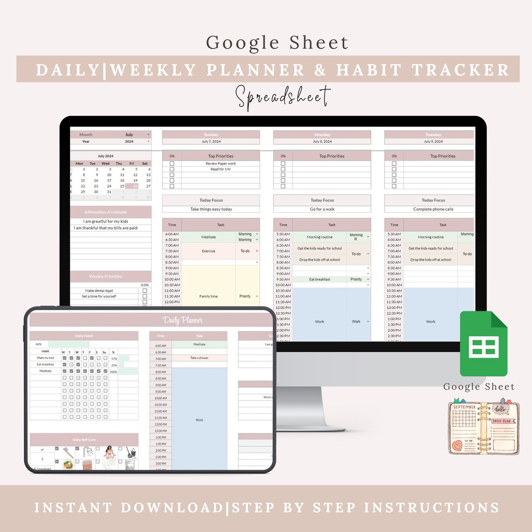 Digital Planner Spreadsheet for Google Sheets, Custom Daily Agenda ...