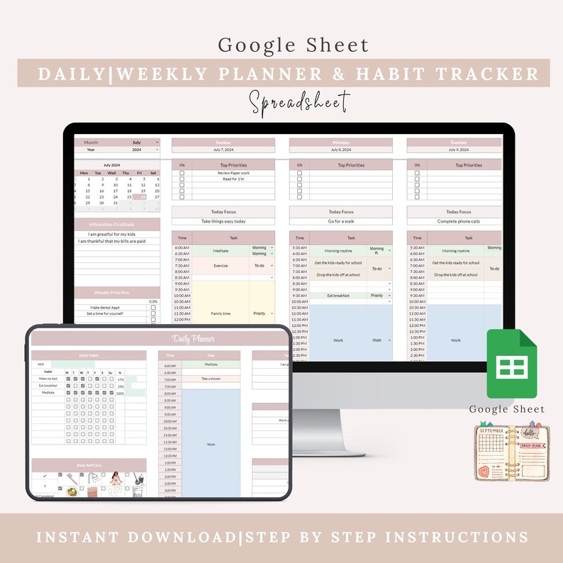 Digital Planner Spreadsheet for Google Sheets, Custom Daily Agenda ...