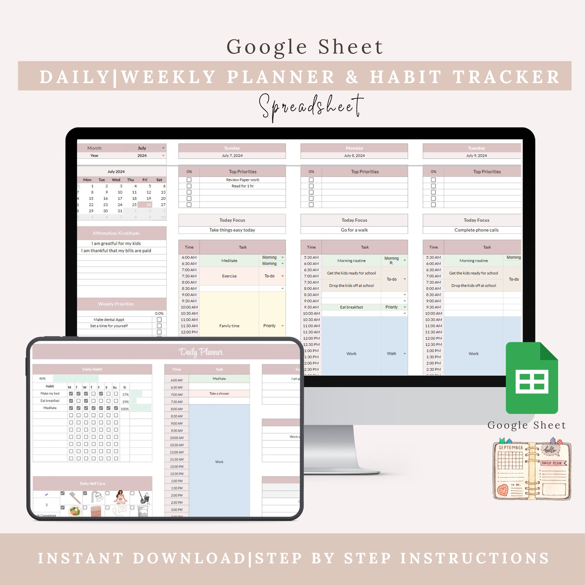 Digital Planner Spreadsheet for Google Sheets, Custom Daily Agenda ...