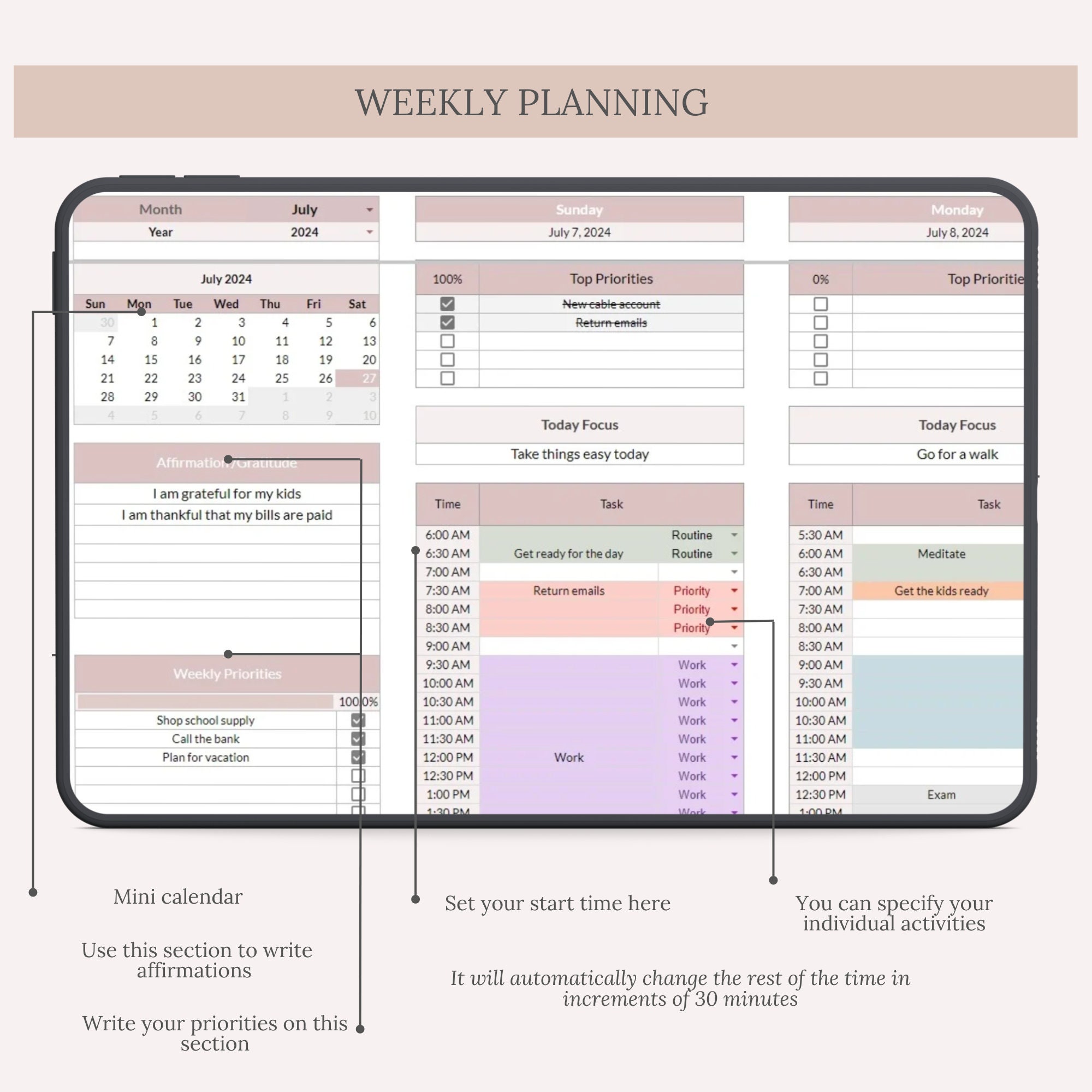 Digital Planner Spreadsheet for Google Sheets, Custom Daily Agenda ...