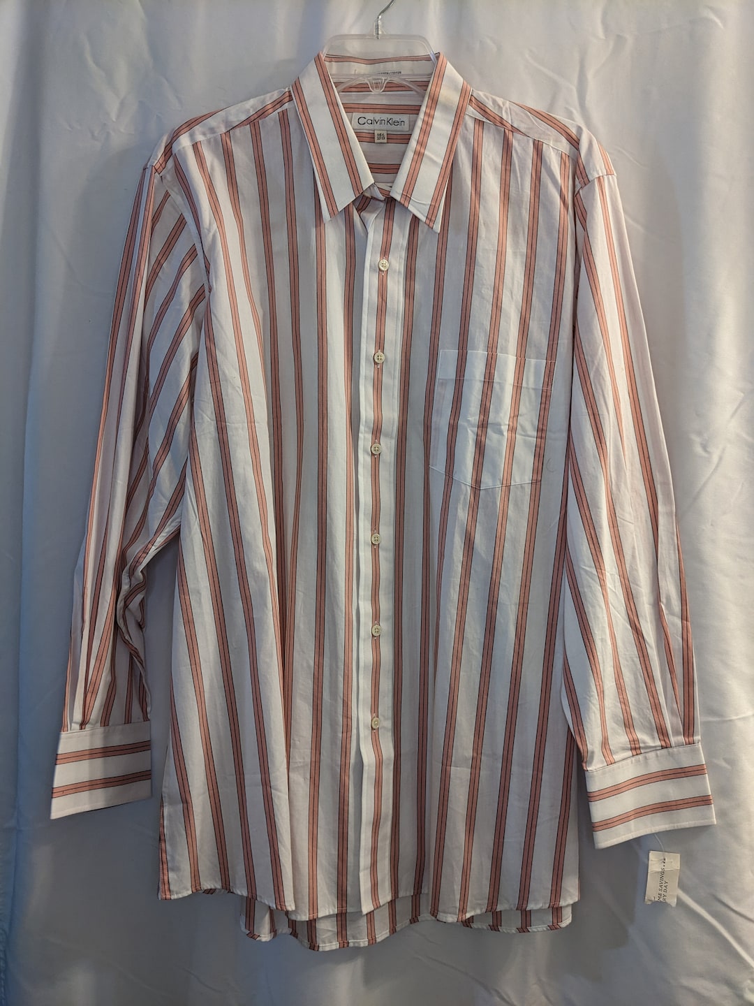 Vintage Calvin Klein Men's Button Down Shirt - White, Salmon Striped ...