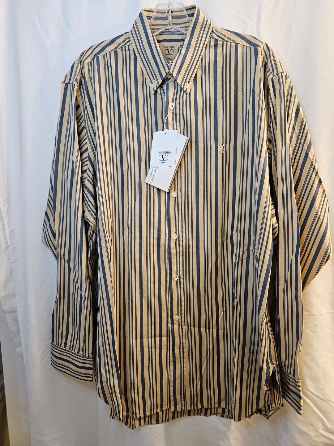 Vintage Valentino Striped Yellow and Blue Shirt - Made in Italy, Size ...
