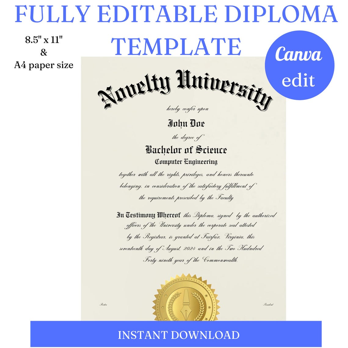 Customizable University Diploma Template With Gold Seal (canva Editable ...