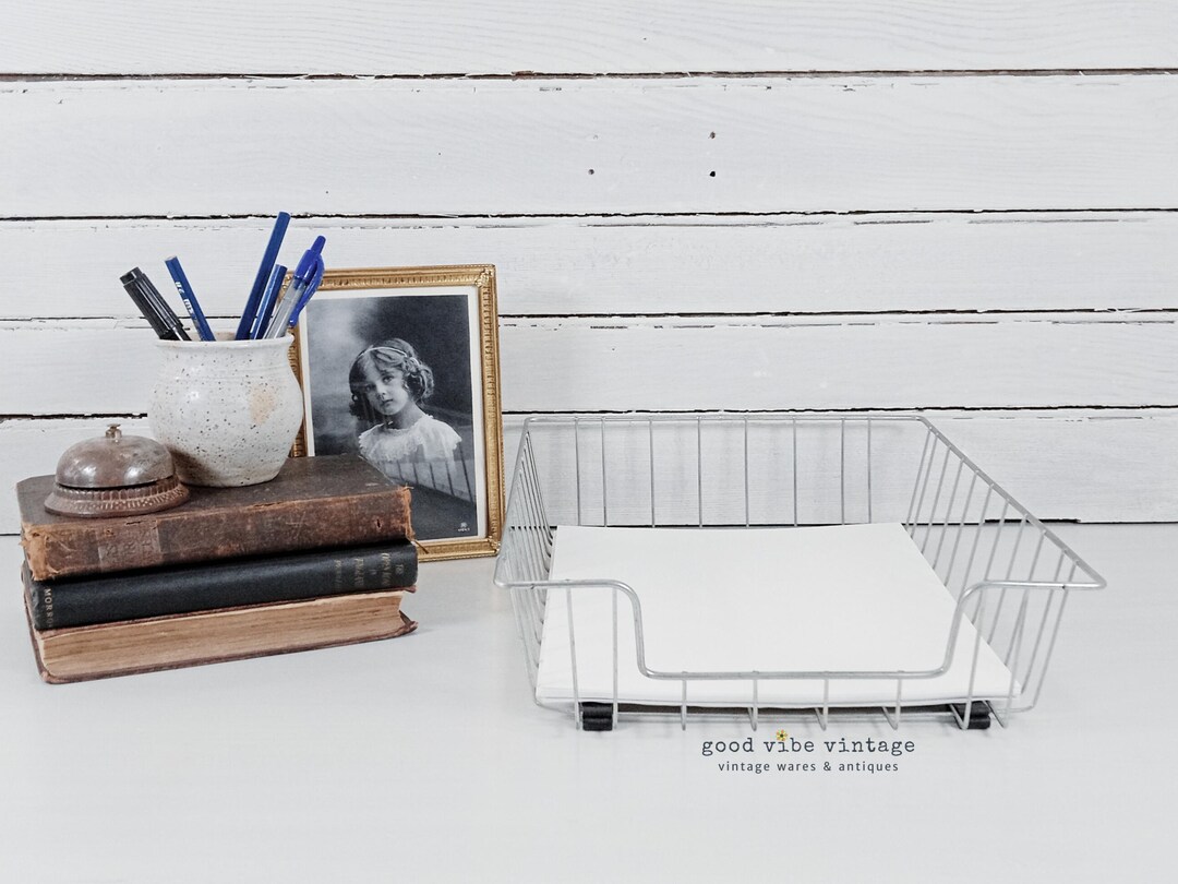 Vintage Wire Metal Paper Tray Basket - Rustic Industrial Office Storage ...