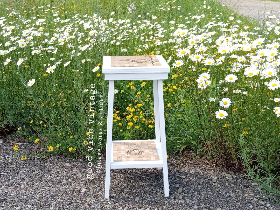 Vintage White Side Table/plant Stand, Wood, Hand Painted & Upcycled ...