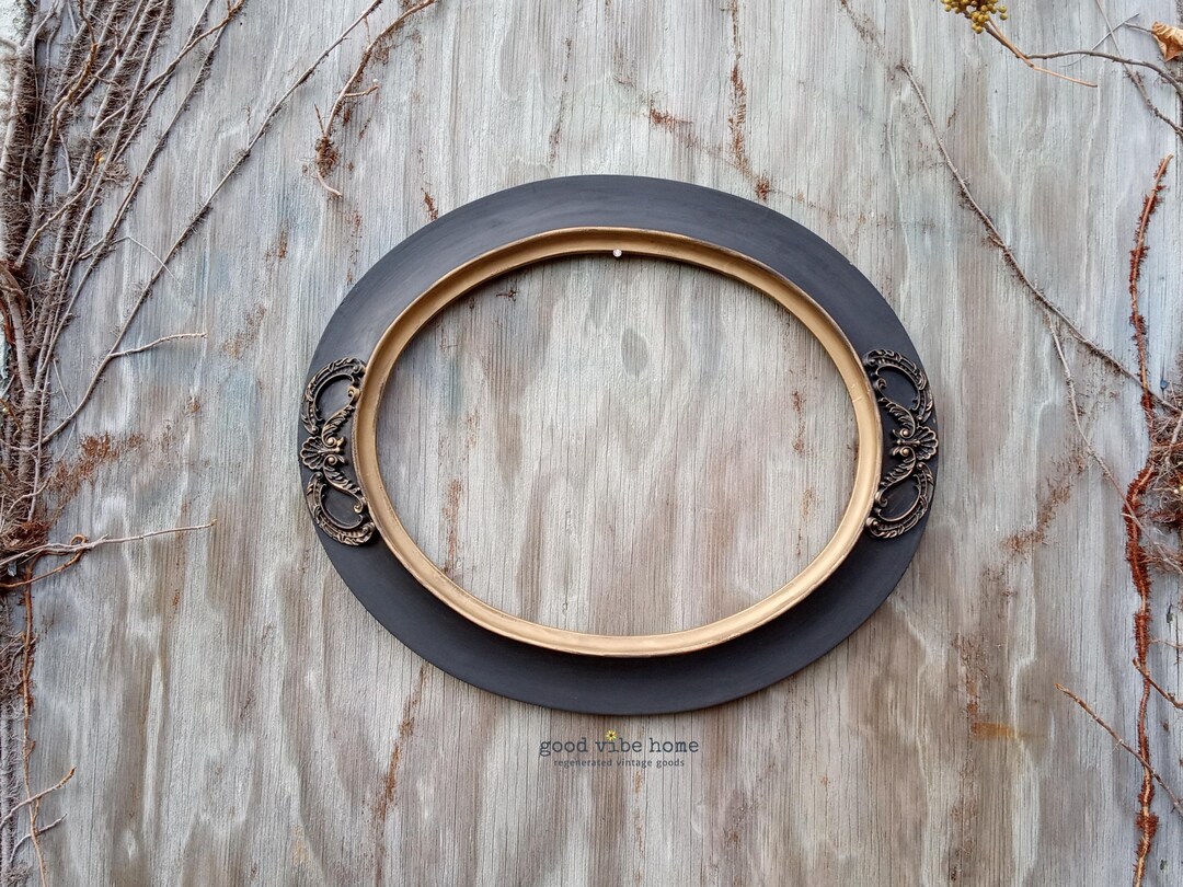 Antique Wood + Gesso Oval Concave Picture Frame, Black With Gold ...