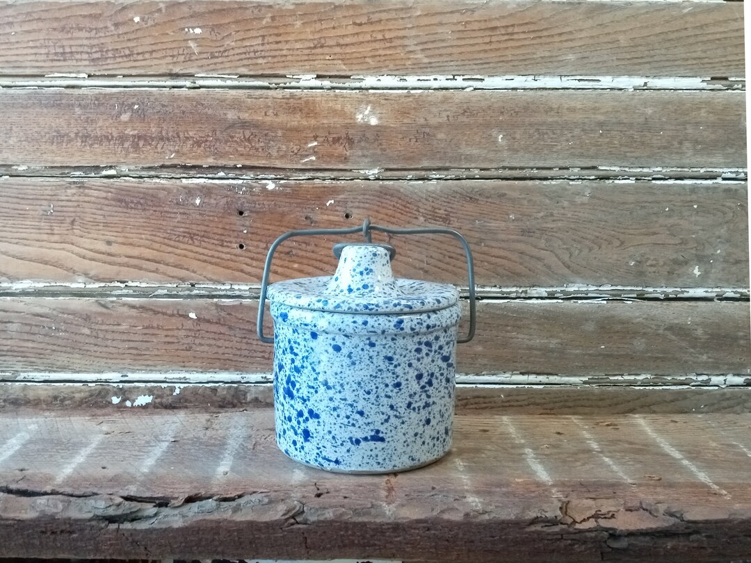 Vintage Holly Crest Cobalt Blue Speckled Stoneware Crock With Bail ...