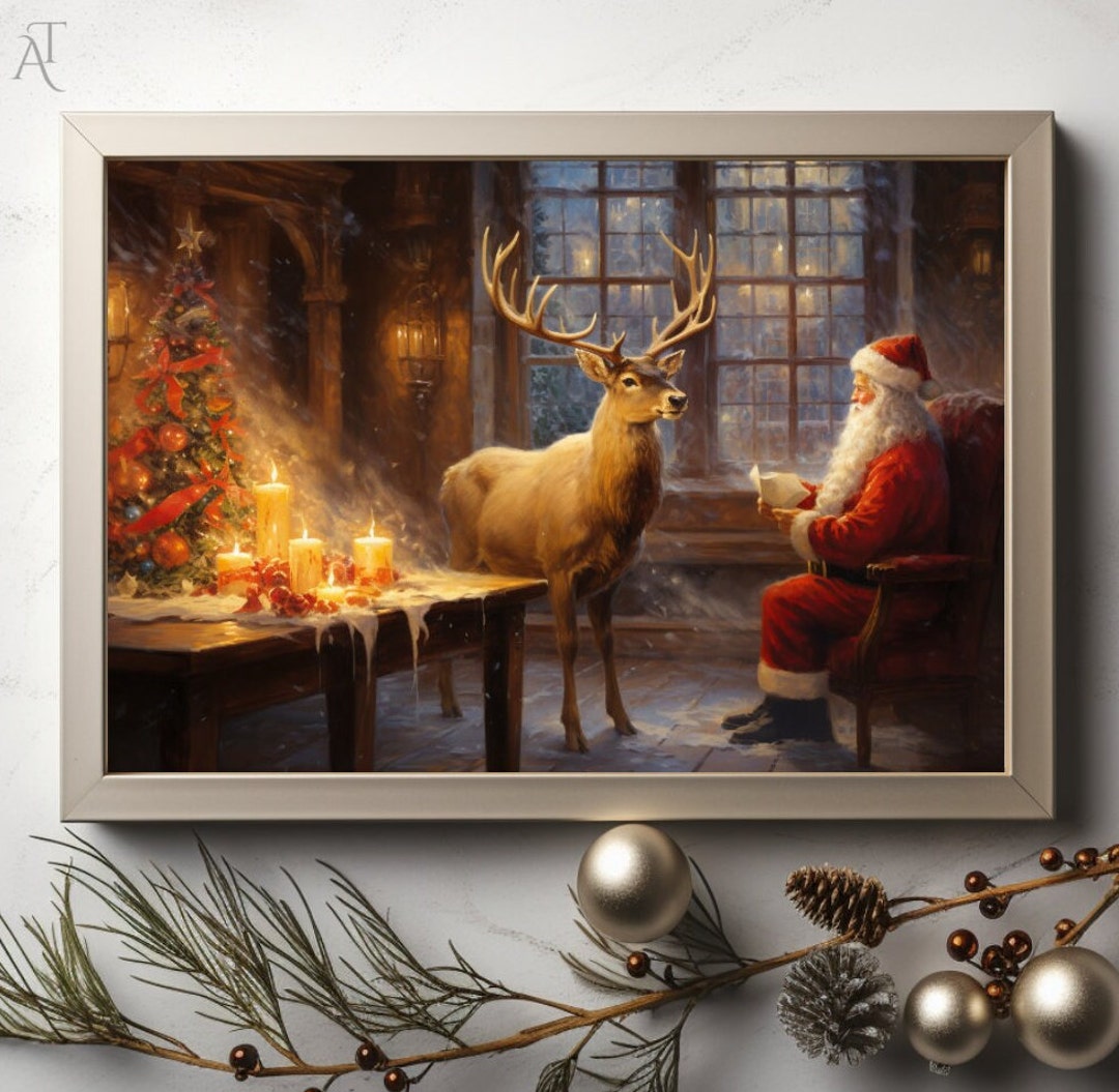 The Oil Painting Features Uncle Santa With a Reindeer, Reading a Gift ...