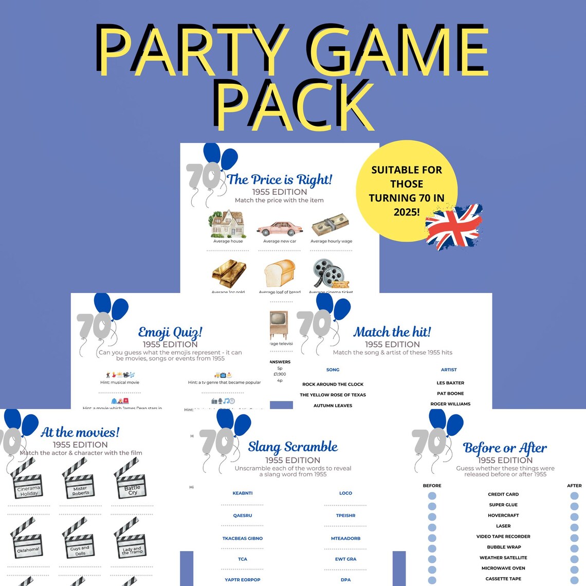 70th Birthday Party Games Bundle | Born in 1955 Trivia | 70th Party ...