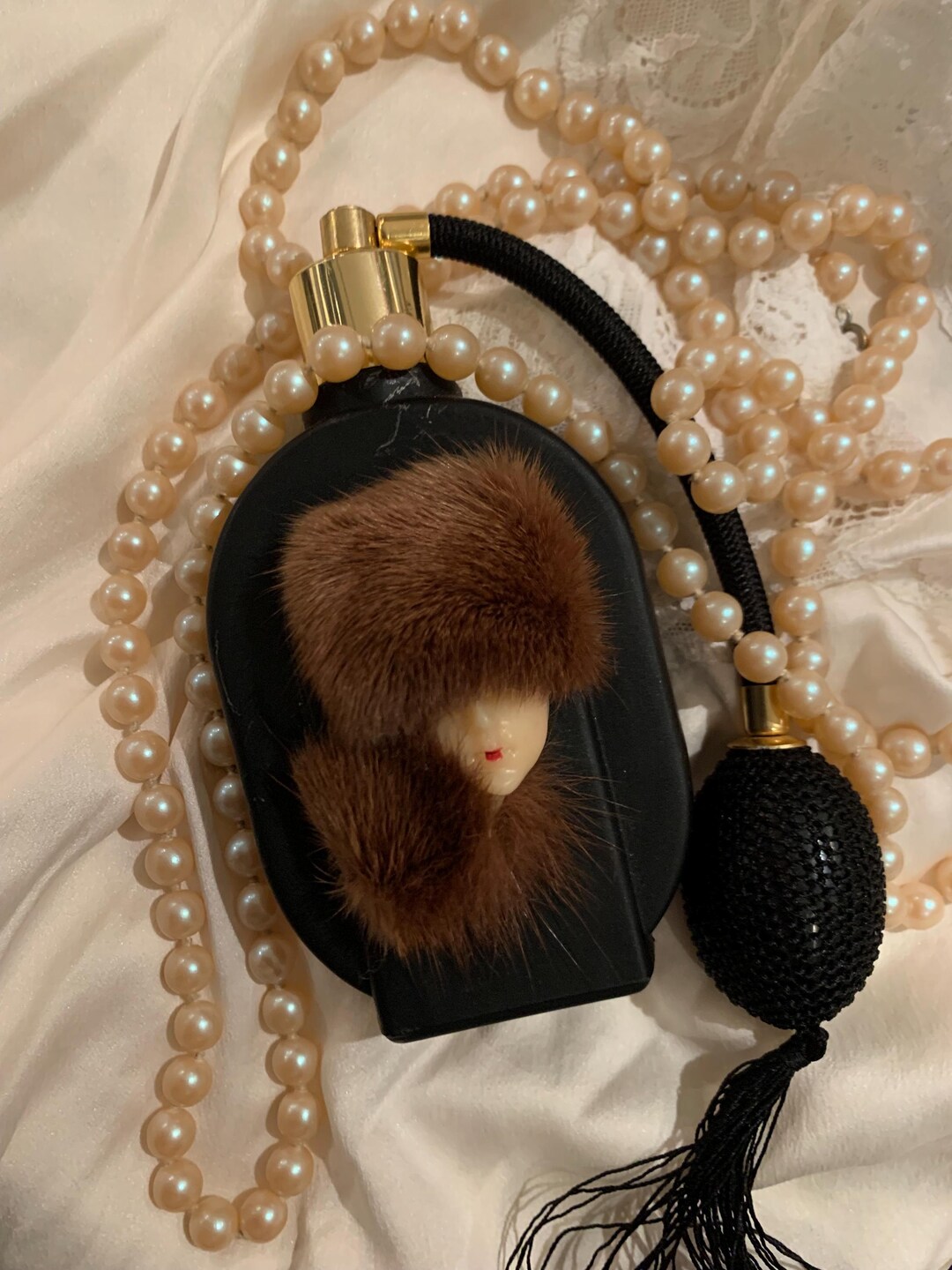 Vintage Perfume Bottle Atomiser With Mink Furdetailed Lady Portrait on ...