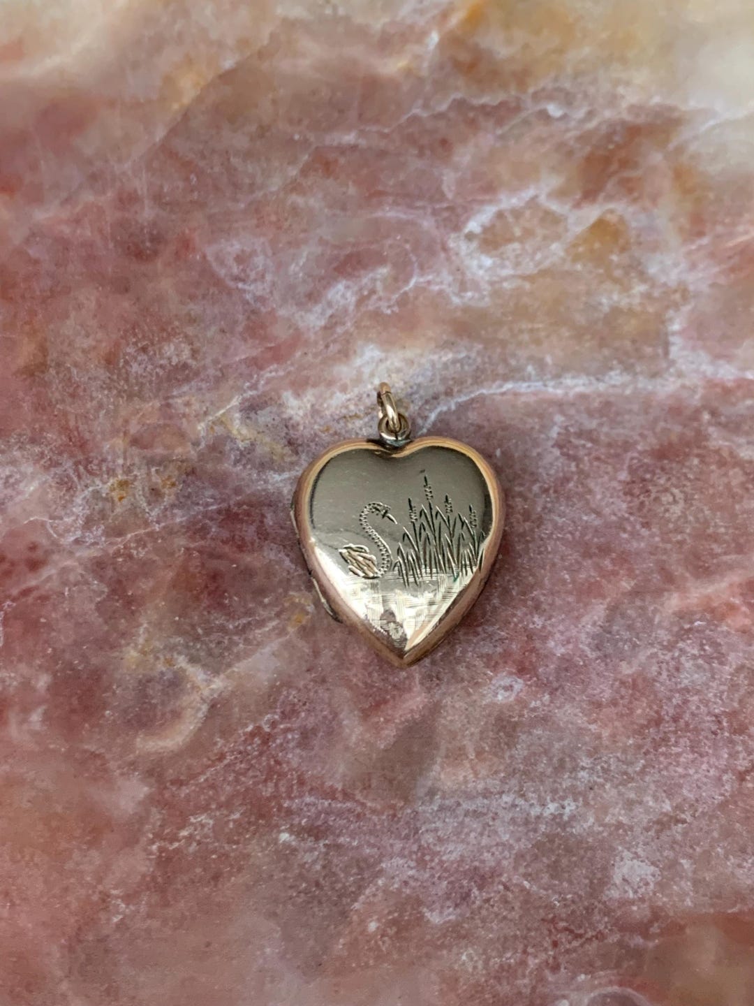 Vintage Swan Lake Heart Locket Rolled Gold Heart Pendant Unique One of ...