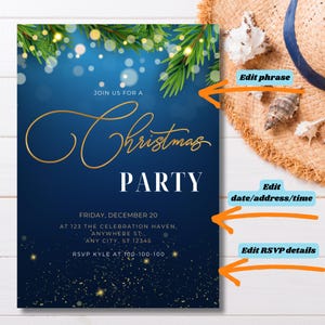 Editable Blue Christmas Party Invitation Template, Printable Blue Gold ...