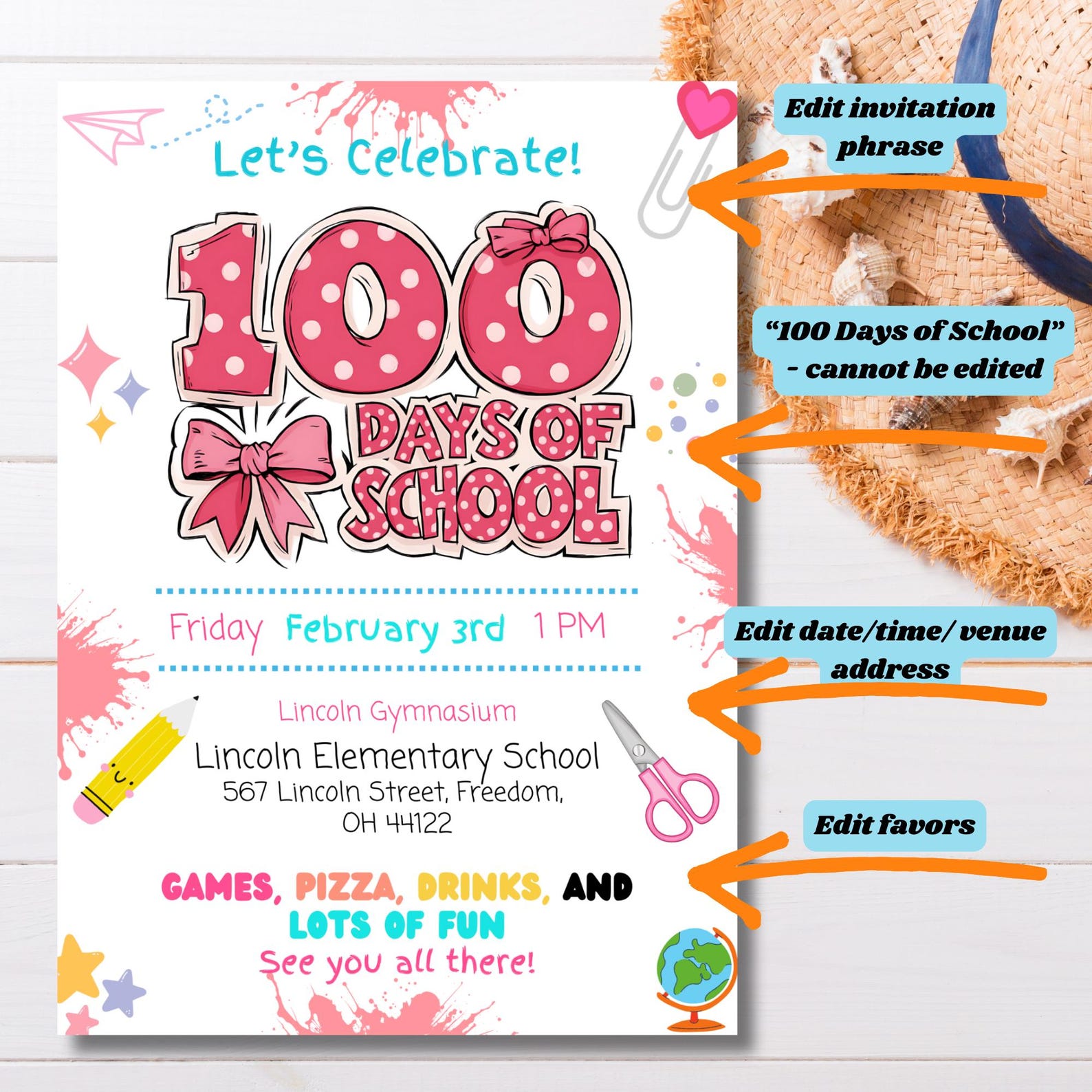 Editable Let's Celebrate 100 Days of School Party Invitation Template ...