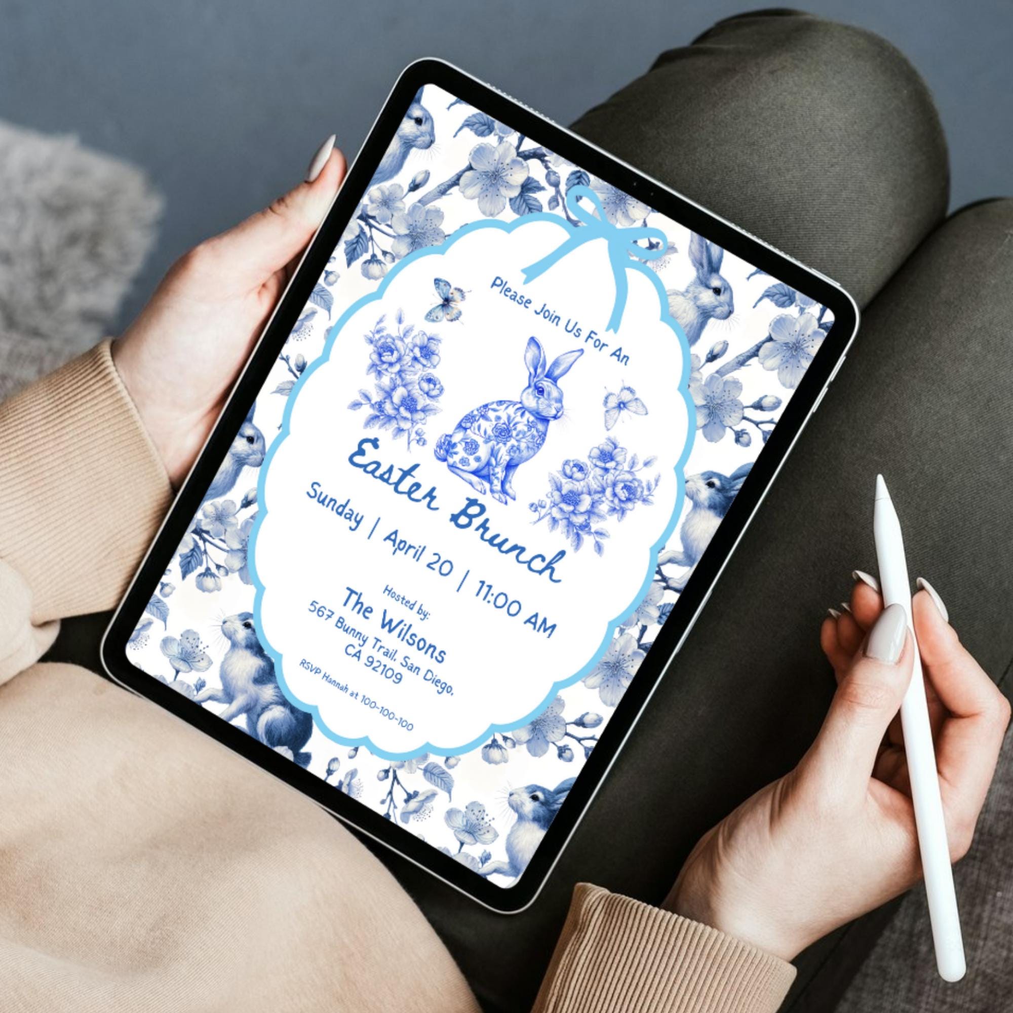 Editable Blue Chinoiserie Bunny Easter Brunch Invitation Template ...