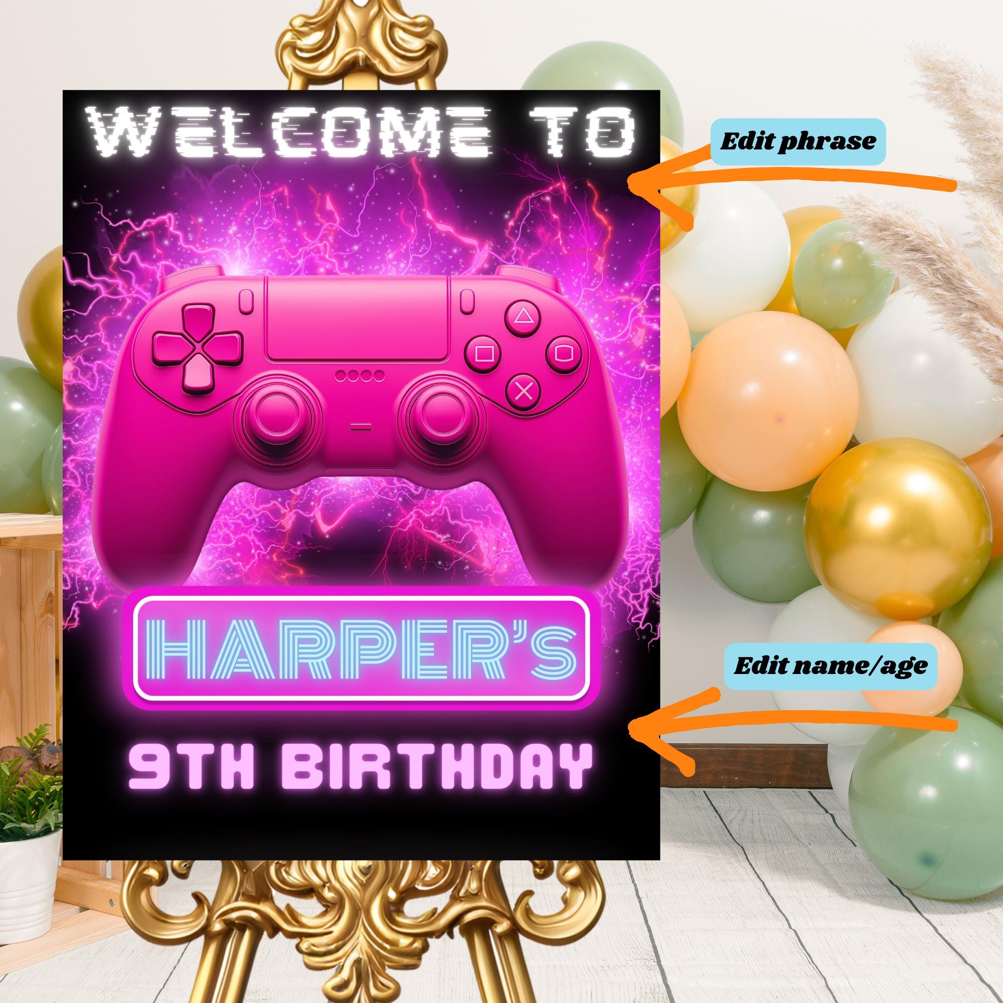 Editable Pink Video Game Welcome Sign Template, Printable Pink Neon ...