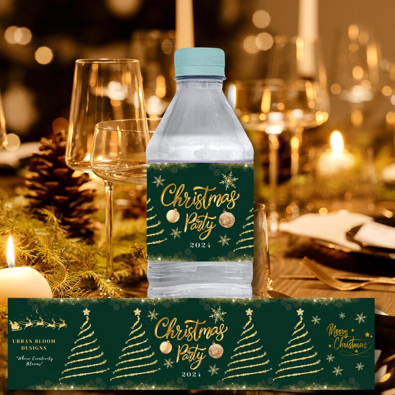 Editable Christmas Water Bottle Label Template, Elegant Emerald Green ...