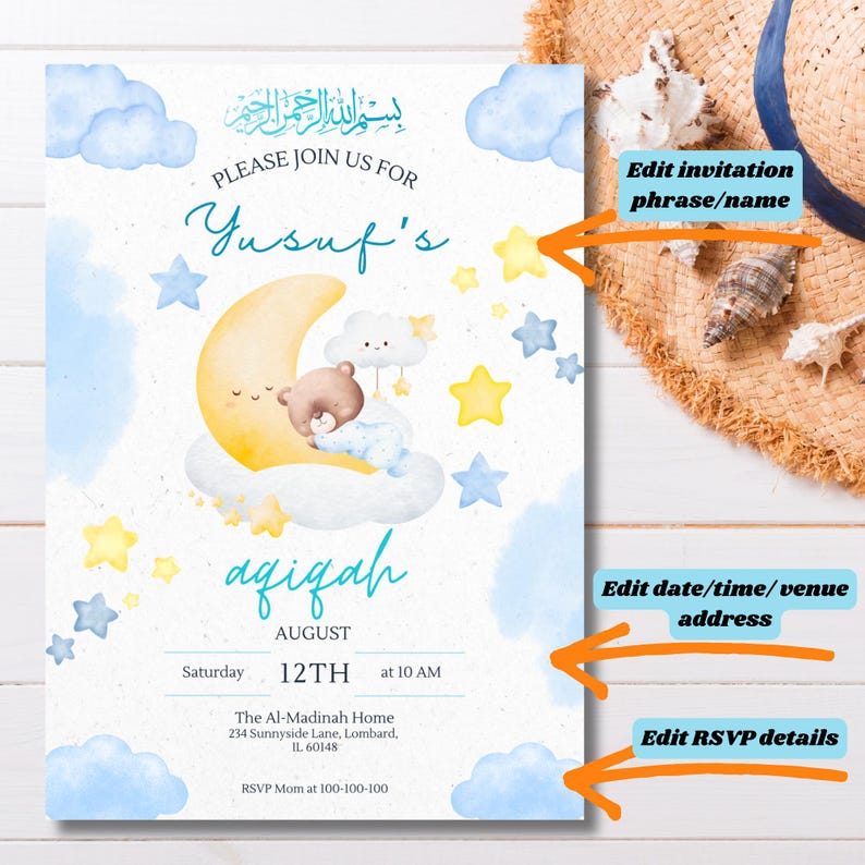 Editable Boy Blue Teddy Bear Moon Aqiqah Invitation Template, Printable ...