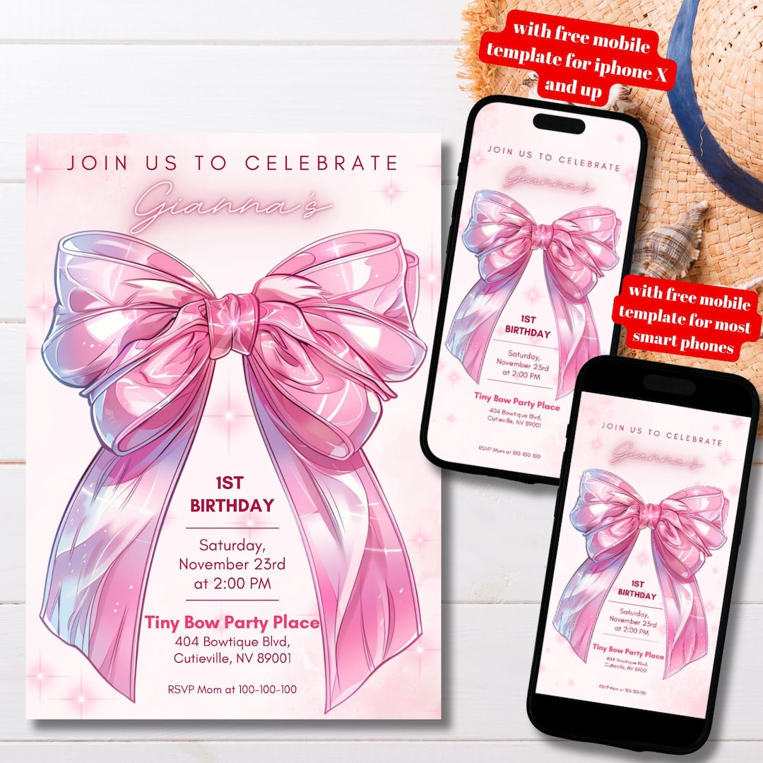 Editable Pink Bow 1st Birthday Invitation Girl Template, Printable ...