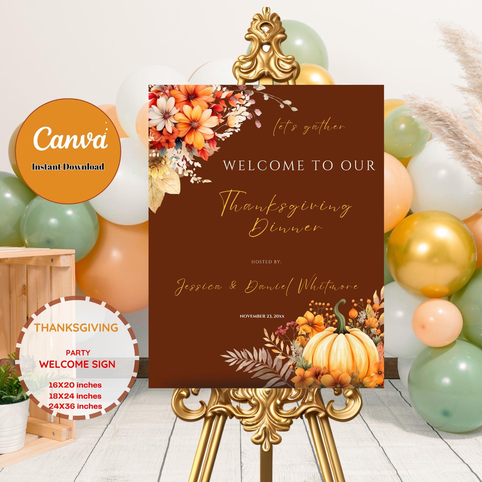 Editable Pumpkin Fall Floral Thanksgiving Welcome Sign, Printable ...