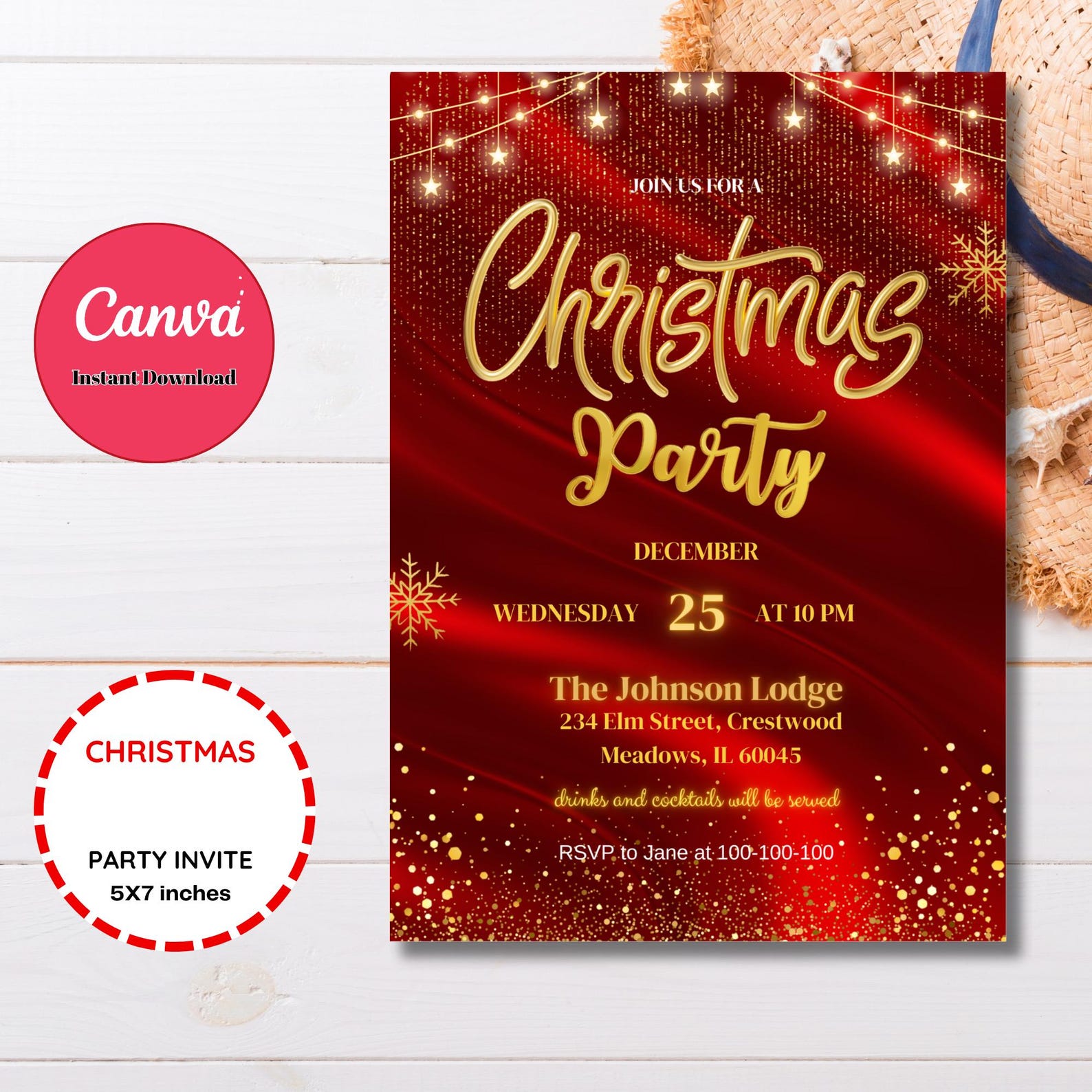 Editable Red and Gold Christmas Party Invitation Template, Elegant Red ...