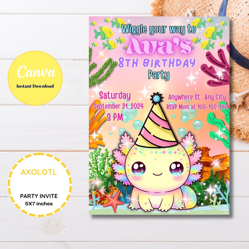 Editable Axolotl Birthday Invitation Template, Printable Cute Axolotl ...