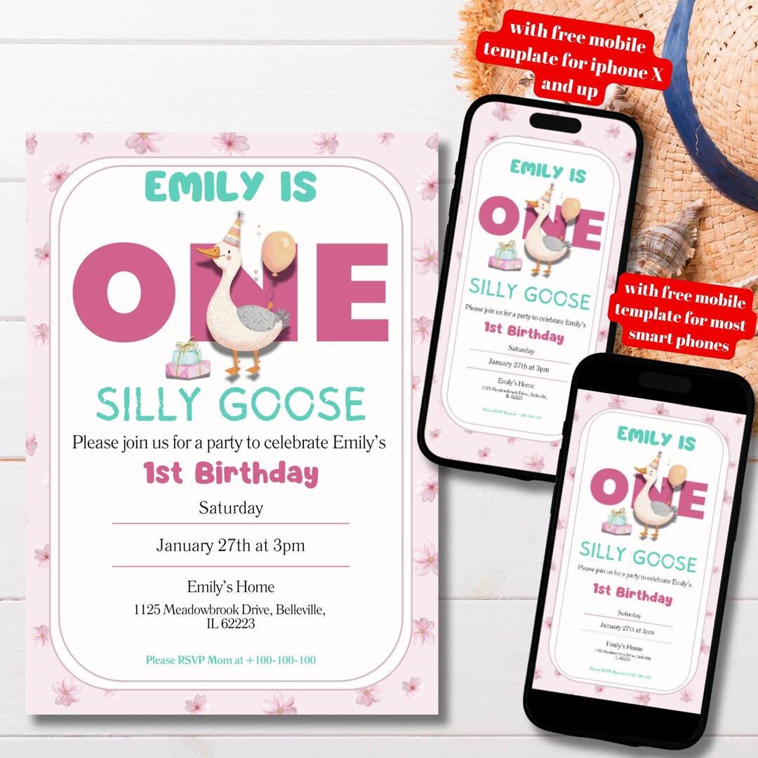Editable Pink One Silly Goose Birthday Party Invitation Template ...
