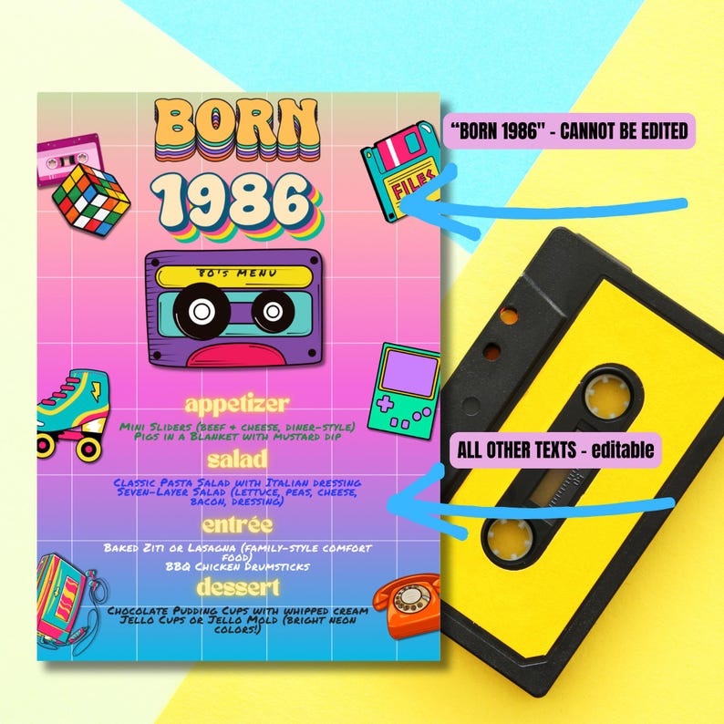 Editable 1980s Birthday Menu Template, Born 1986 Milestone Retro ...