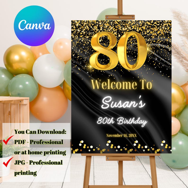 Editable Black Gold 80th Birthday Welcome Sign Template, Printable ...