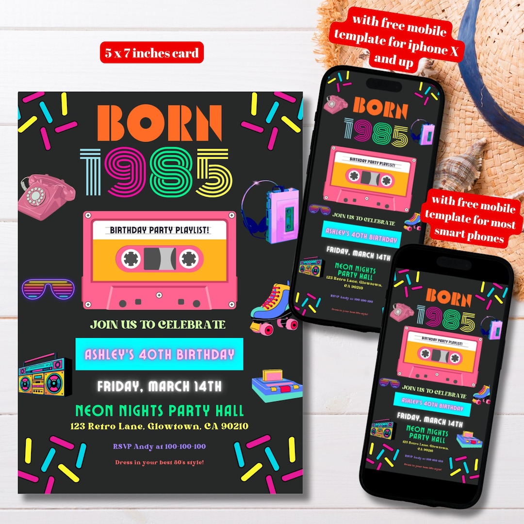 Editable 1985 40th Birthday Party Invitation Template, Printable Neon ...