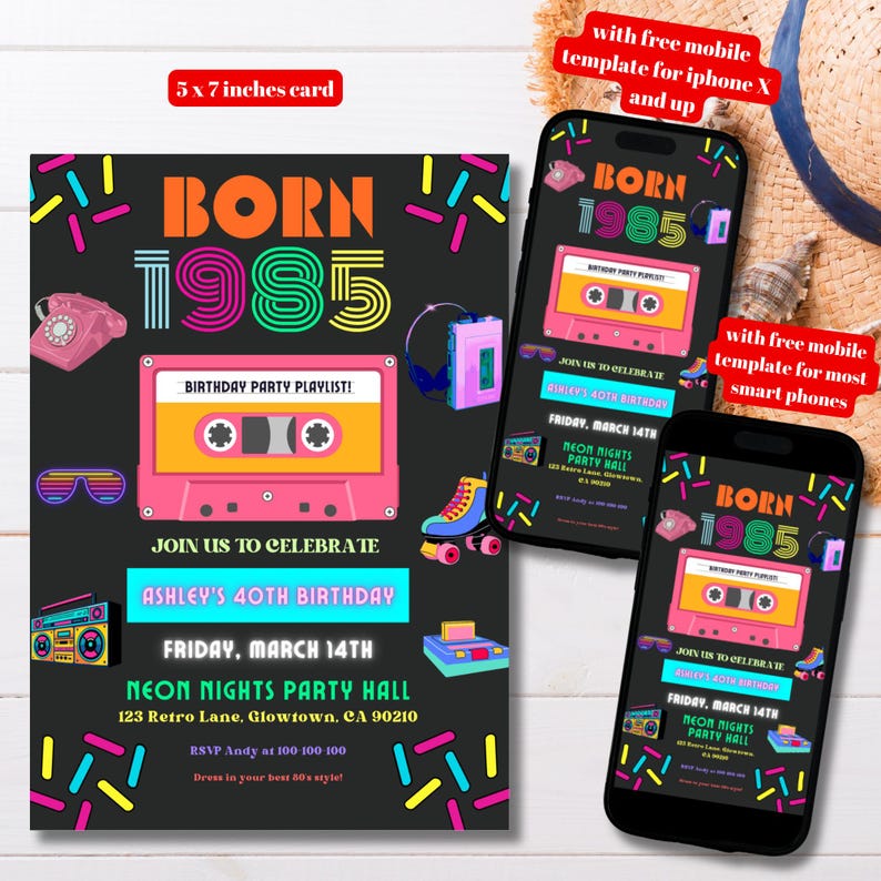 Editable 1985 40th Birthday Party Invitation Template, Printable Neon ...