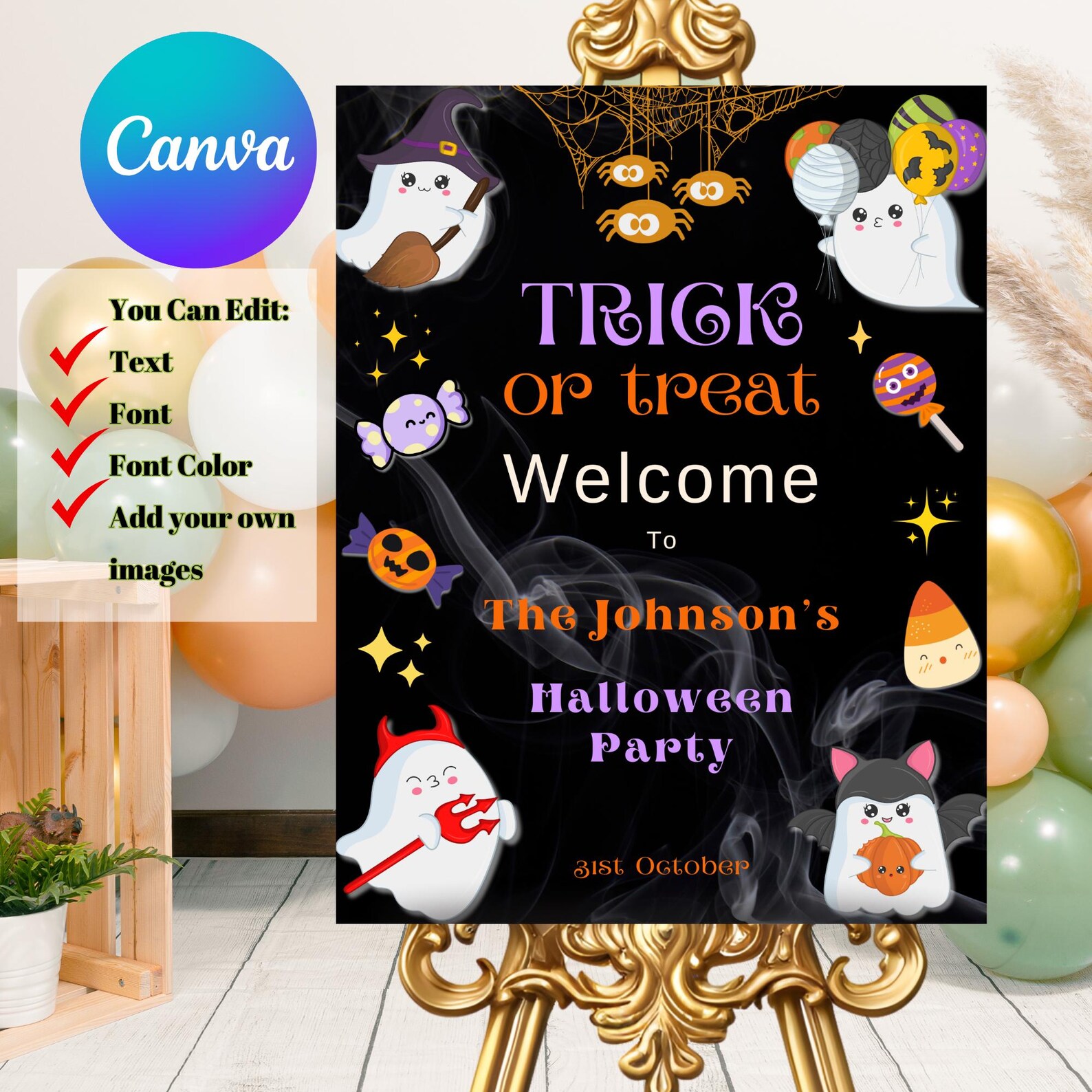 Editable Cute Ghost Halloween Party Welcome Sign Template, Printable ...