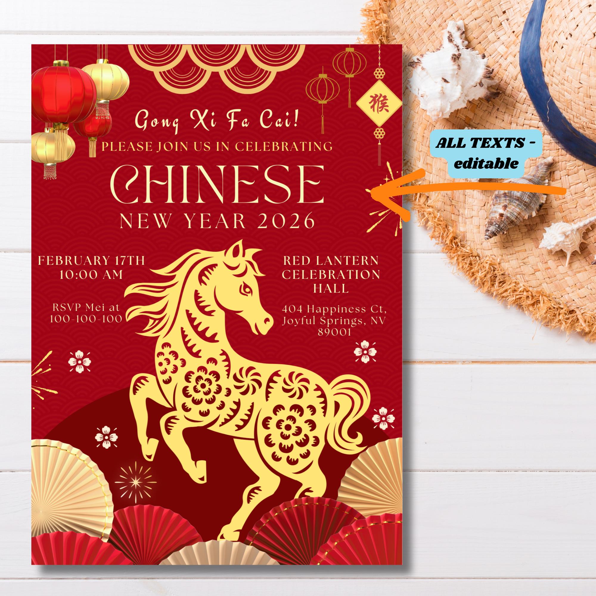 Editable Chinese New Year Invitation Template, Printable 2026 Year of ...